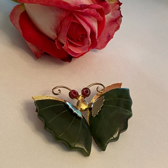 Jewelry | Vintage Green Jade Brass Butterfly Brooch | Poshmark
